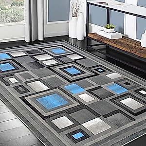 HR Abstract Blue/Silver/Gray Geometric Modern Squares Pattern 5x7 Area Rug (5'2" x 7'2")