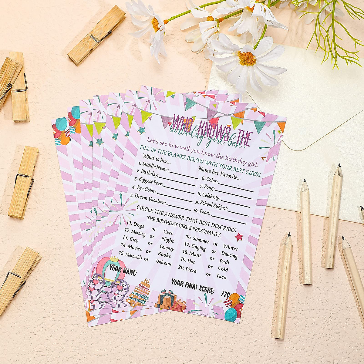 Who Knows The Birthday Girl Best, 50 Pieces Birthday Party Activity Game Card Set Girly Pink Sprinkles Themed Game Card with 20 Pieces Pre-Pointed Wood Pencils for Teen Girl Sleepover Slumber Party