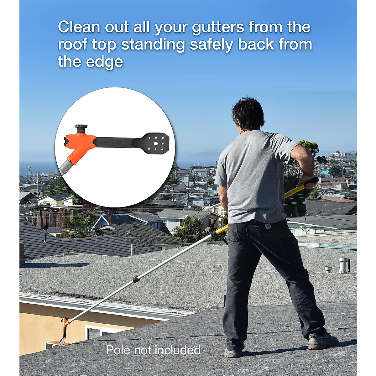 MCCAULEY GUTTER CLEANER PRO, gutter cleaning from The ground, PLUS clean from roof and ladder, and clean off gutter guards from The ground.