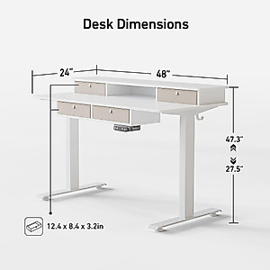 FEZIBO Sturdy Height Adjustable Electric Standing Desk with Drawers, 48 x 24 Inch Stand Up Table with Large Storage Shelf, Sit Stand Desk, White Top