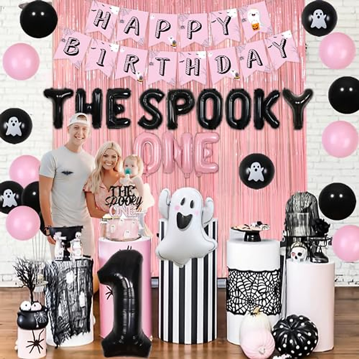The Spooky One Birthday Decorations Girl, Pink Curtain Backdrop with Pink Black Balloons, The Spooky One Cake Topper White Ghost Black Bat Foil Balloons for Halloween 1st Birthday Party Decorations
