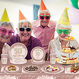 121Pcs 50th Birthday Party Supplies Plates Napkins Cups Forks Tablecloth Rose Gold Happy 50th Birthday Themed Disposable Tableware Decorations Serves 24 Guests for Women 50 Years (50th rose gold)