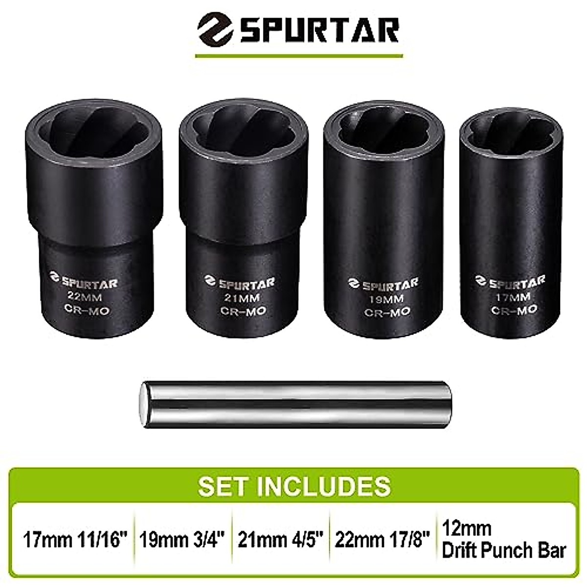 Spurtar 5 Pcs Twist Socket Set, Stripped Lug Nut Remover Wheel Lock Removal Kit Extractor Set for Removing Damaged, Dead, Rusted, Rounded-Off Bolts, Nuts & Screws-17MM,19MM, 21MM, 22MM