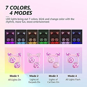 Mindkoo Cat Ear Bluetooth Headphones Pink, LED Light Up Over Ear Wireless Headphones with Microphone, Comfort Foldable Headset for Kids & Adults