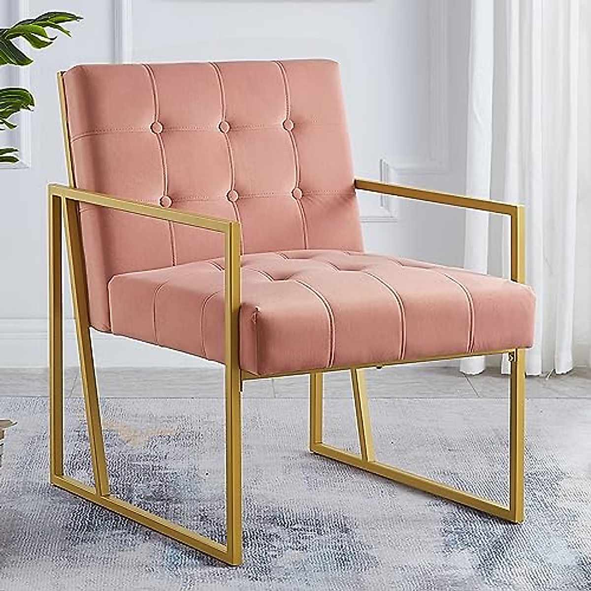 24KF Modern Blush Velvet Button Tufted Accent Chair with Golden Metal Stand, Decorative Furniture Chairs for Living Room Bedroom - Blush