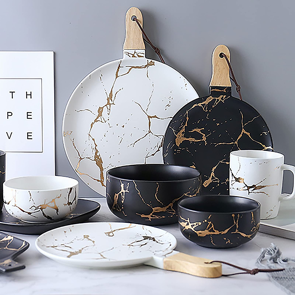 Set of 4 Gold Marble Soup Bowls Ceramic Cereal Bowl Marble Soup Bowl 17 OZ Ceramic Rice Bowl Luxury Gold Inlay Dessert Bowl (Black-4)