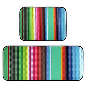 Mexican Serape Blanket Stripes Kitchen Rug Mats 2PCS Non Slip 47" x 20" + 28" x 20" Kitchen Carpet Floor Mat Hallway Rugs Anti Fatigue Doormat