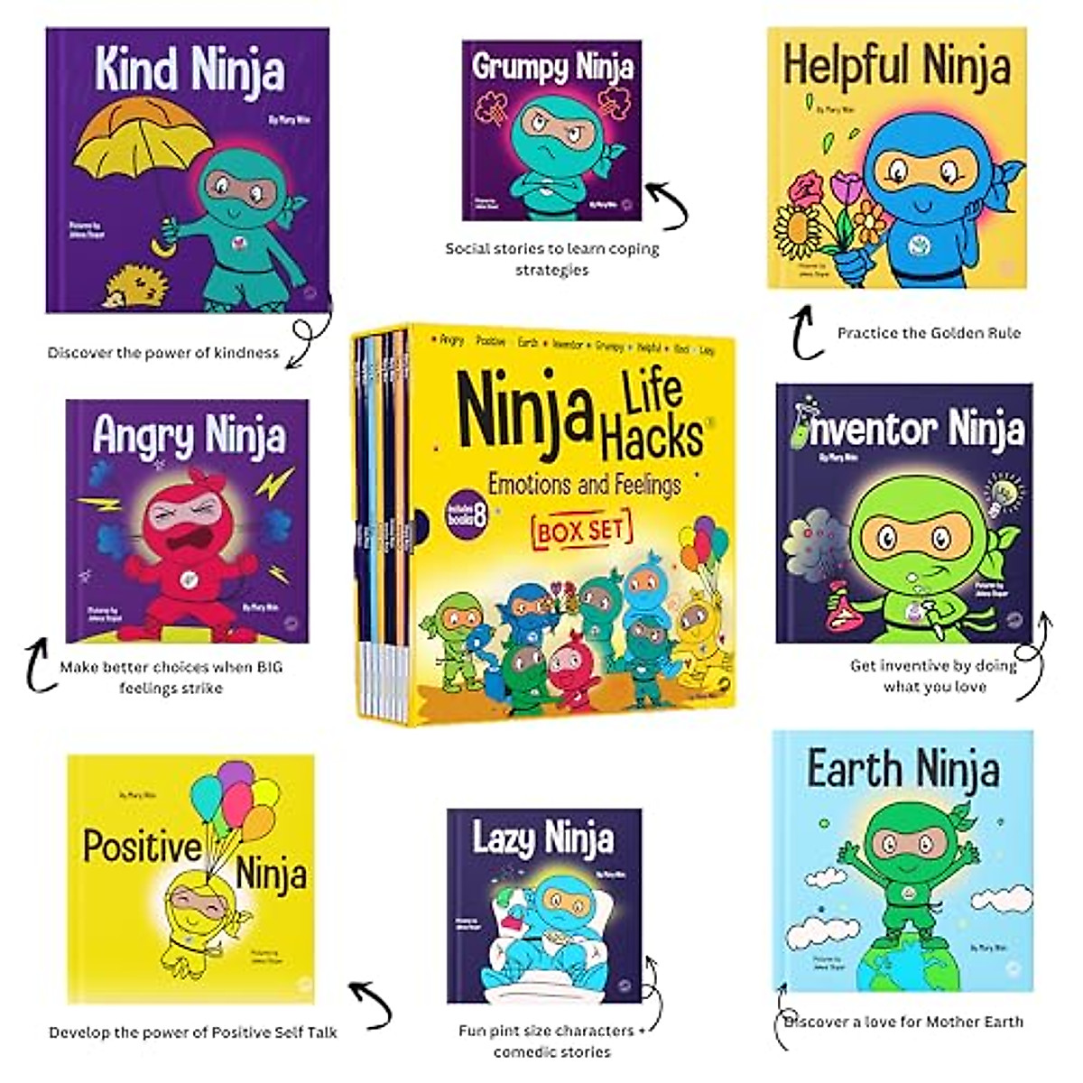 Ninja Life Hacks Emotions and Feelings 8 Book Box Set (Books 1-8: Angry, Inventor, Positive, Lazy, Helpful, Earth, Grumpy, Kind)
