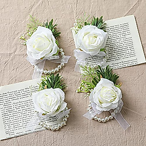 Garisey 4pcs Wedding White Rose Wrist Flowers Artificial Rose Flowers for Ceremony Prom Party Accessories (4 Wrist Corsage White)