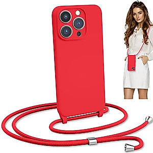 blaspins Crossbody Lanyard Strap Case for iPhone 14 Plus, Neck Cross Body, Adjustable Holder Removable, Drop Protection Shockproof, Hands-Free Silicone Case 6.7 inch, 150 cm Strap, iP14Plus - Red