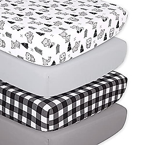 The Peanutshell Fitted Crib Sheet Set for Baby Boys or Girls - Unisex 4 Pack - Woodland Animals & Buffalo Plaid