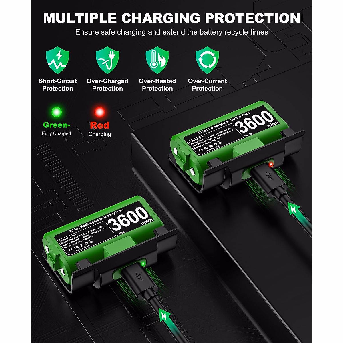 EXTREMECOOL Rechargeable Xbox Controller Battery Pack for Xbox Series X|S/One S|X/One Elite Controllers, Xbox Play and Charge Kit Incl. 2x3600mWh X-1 Batteries, 4X Battery Covers, Xbox 360 Skins