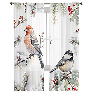 Christmas Semi Sheer Curtains 96 inches Long for Living Room, Christmas Winter Robin Bird on Tree Red Berries Pine Window Treatments Curtains Rod Pocket Light Filter Sheer Bedroom Drapes 2 Panels