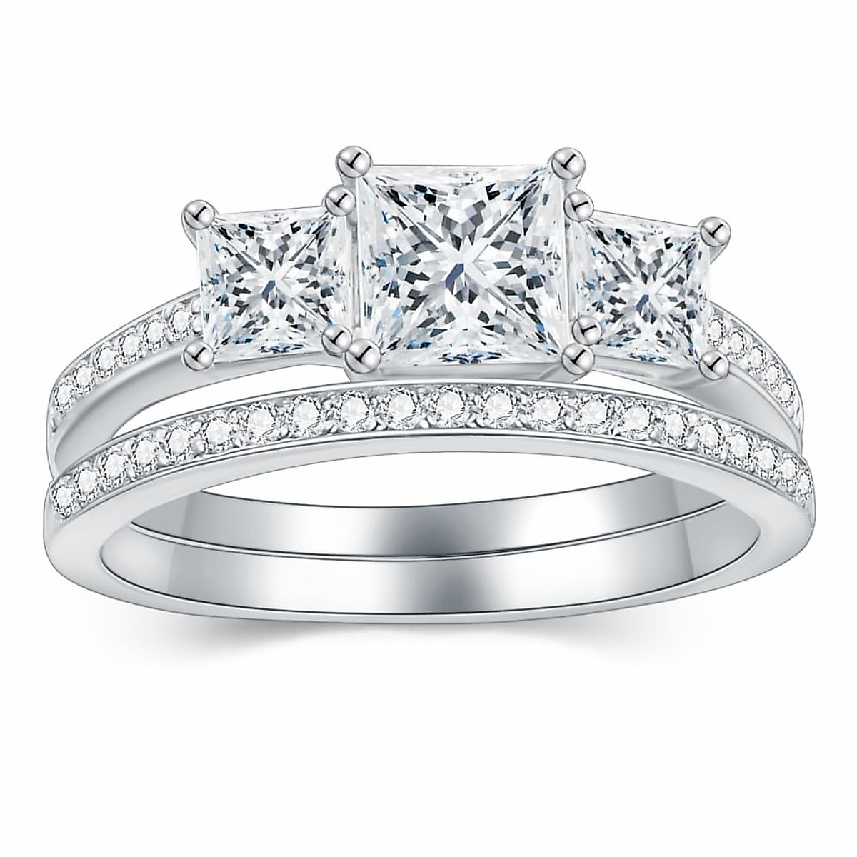 Princess Cut Wedding Ring Set for Women White Gold 3 Stone Moissanite Bridal Ring Set Engagement Ring Set 10K 14K 18K Gold Anniversary Promise Rings for Her with Text Engraving（14K