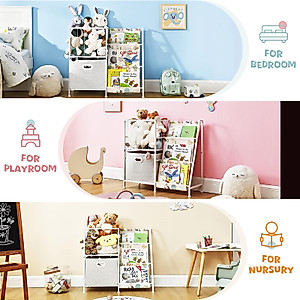 Kids Bookcase Stuffed Animal Storage, 3 Tier Kids Bookshelf and Toy Storage Organizer with Toy Box for Toddler Kids Rooms, Bedroom, Playroom, Nursery, Montessori Baby Toddler