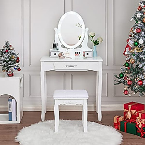 ANWBROAD Makeup Vanity Desk Vanity Set with LED Lighted Mirror Makeup Table Set 10 LED Dimmable Bulbs Cushioned Stool 3 Drawers 3 Dividers for Bedroom Makeup Jewellery Storage Set White UBDT12W