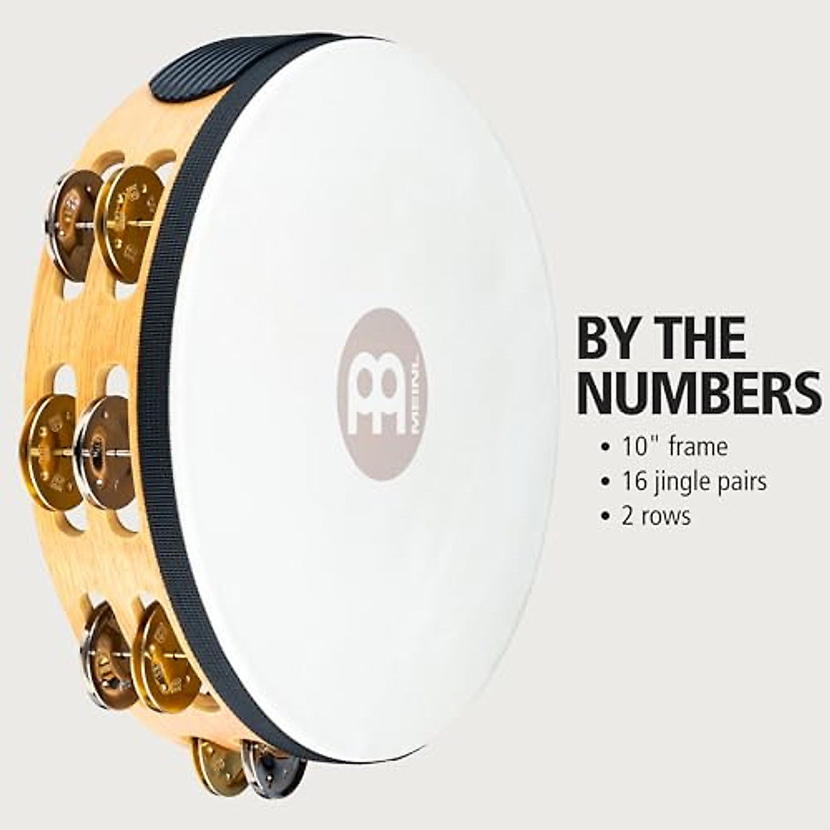 Meinl Percussion TAH2M-SNT Traditional 10-Inch Wood Tambourine with Goat Skin Head and Dual Alloy Jingles, 2 Row