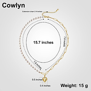 Cowlyn Love Heart Necklace Pendant 14K Gold Plated Paper Clip Chain Pearl Chain Vintage Charm Valentine Gift Women Jewelry