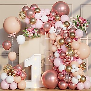 Bonropin 151Pcs Rose Gold Balloon Garland Arch Kit for Wedding Bridal Shower Birthday Baby Shower Decorations, Nude Pastel Pink Metallic Gold Matte White Rose Gold Confetti Balloons