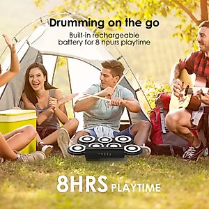 7 Pads Electronic Drum Set, Roll Up Drum Practice Pad Midi Drum Kit with Headphone Jack Built-in Speaker Drum Pedals Drum Sticks 10 Hours Playtime（White)