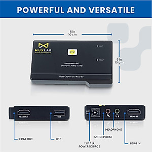 MuxLab Video Capture Recorder Device | HDMI to USB Recorder | Capture Video 1080P 60FPS | Save 1080P 30FPS | for PC, Game Consoles, TV Set Top Boxes | No Driver Required | Portable Game Recorder