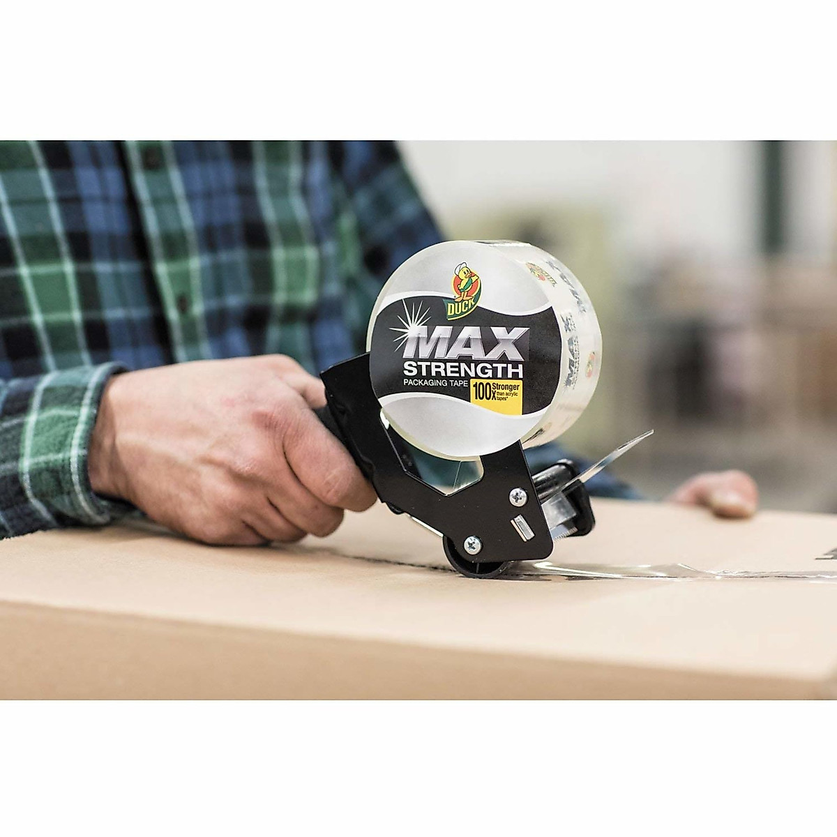 Foam Handle Tape Dispenser with Duck MAX Strength Packing Tape, 1.88 Inch x 54.6 Yard, Clear (284984), Black