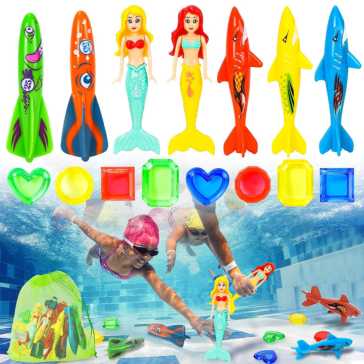 TOY Life 16Pcs Swimming Pool Dive Toys for Kids Swim Toys for Kids Practice Diving Swimming Toys with Pool Torpedo Gliding Shark Pool Mermaid Toys Underwater Diving Game Water Games for Boys and Girls