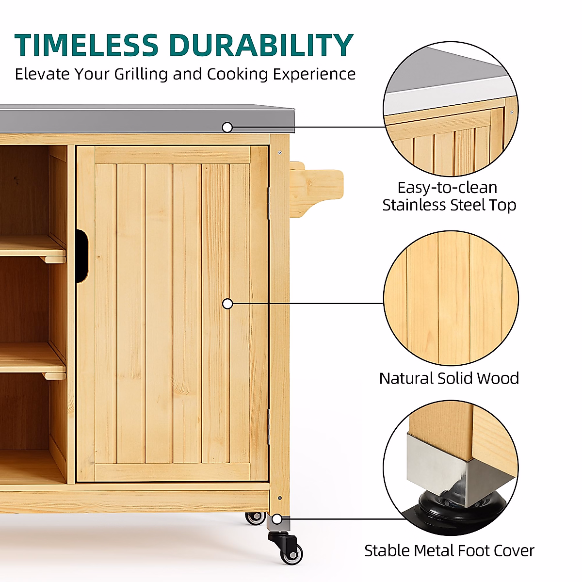 YITAHOME XL Solid Wood Outdoor Table and Storage Cabinet, 59.64’’L x 23.62’’W Movable Grill Table with Stainless Steel Top, Side Handle, Spice Rack for Outside, Patio Bar, Outdoor Kitchen Island