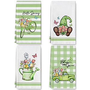 AnyDesign Spring Kitchen Dish Towel Watercolor Gnome Flower Bicycle Truck Dishcloth Green Buffalo Plaids Stripes Hand Drying Tea Towel for Cooking Baking Cleaning Wipes Supplies, 18 x 28 Inch, 4Pcs