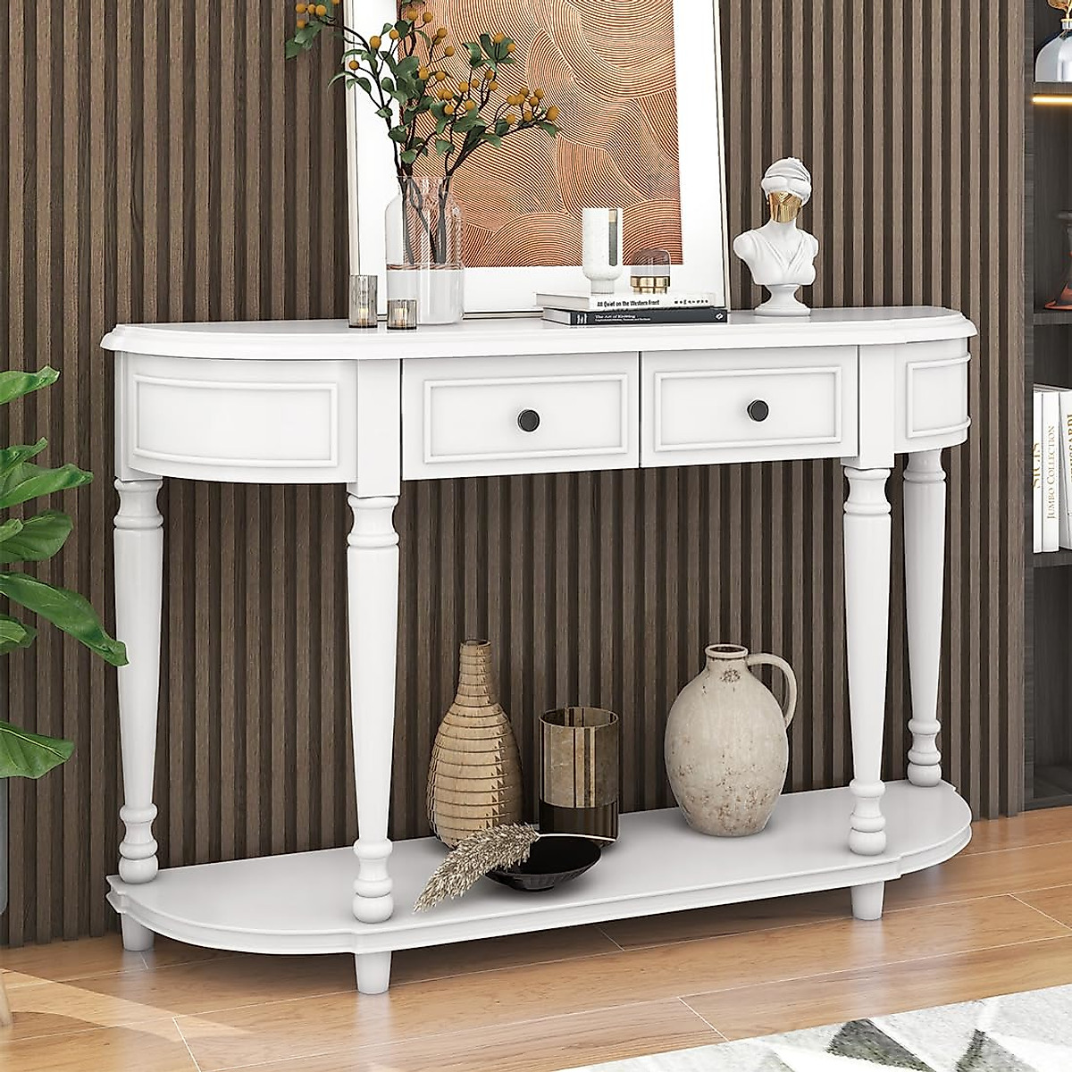 Retro Circular Curved Design Console Table with Open Style Shelf Solid Wooden Frame and Legs Two Top Drawers Ample Storage, Shape Console Table for Hallway Living, Dining Room (Antique White)