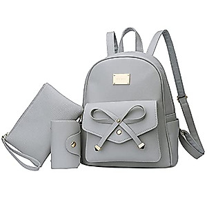 KKXIU Girls Bowknot 3pcs Fashion Small Leather Backpack Purse Cute Mini Backpack Bag for Women (A-Grey)