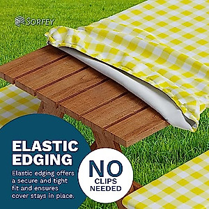 Sorfey Picnic Table Cover with Bench Covers -Fitted with Elastic, Vinyl with Flannel Back, Fits for Table 28"x 72" Rectangle,Water Proof, Easy to Clean, Checked Blue Design