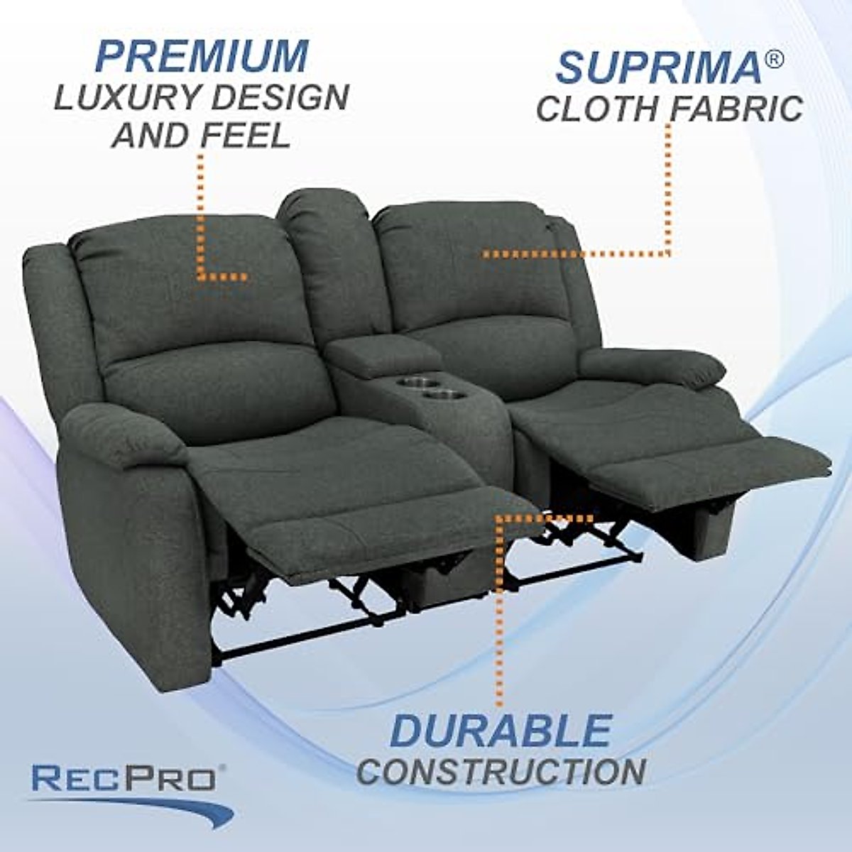RecPro Charles 67" Double Recliner RV Sofa with Console and Cupholders | Zero Wall Loveseat for Camper | Wall Hugger Couch | Fifth Wheel Theater Seating | Replacement RV Furniture | Fossil Cloth