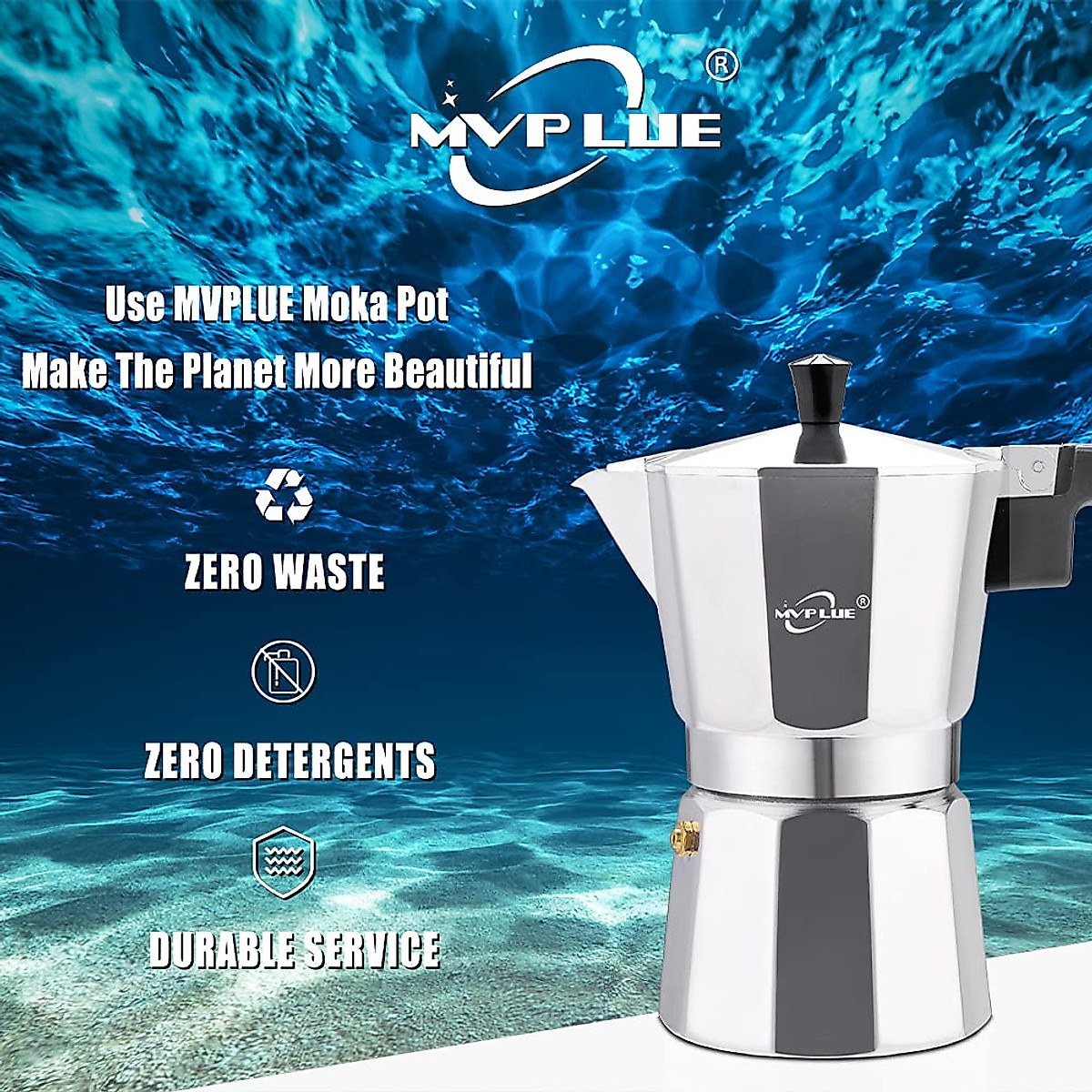 MVPLUE Classic Stovetop Espresso Maker 6 Cup ，Moka Pot Aluminum Silver，Cuban Coffee Maker includes 2 silicone folding cups， Make Delicious Coffee Easily at Home And Camping