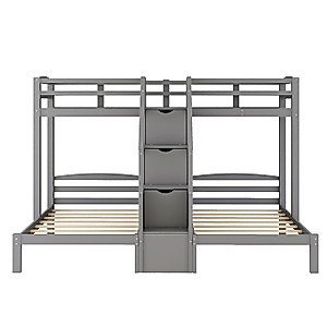 Bellemave Twin Over Twin Bunk Bed for 3, Wood Triple Bunk Beds with Stairs, 3 Bunk Beds with Storage for 3 Kids, Boys, Girls, Teens, Adults No Box Spring Needed (Gray)