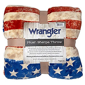 Carstens, Inc Carstens Wrangler Stars & Stripes USA American Flag Sherpa Fleece 54x68 Throw Blanket, 54" x 68", White