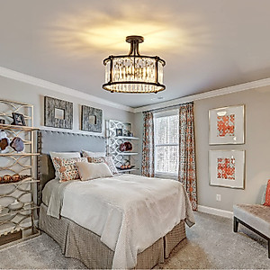 YYJLX 6-Light Black Semi Flush Mount Crystal Chandelier Metal Modern Ceiling Light Fixture Lighting for Living Room Dining Room Kitchen Bedroom Foyer Hallway