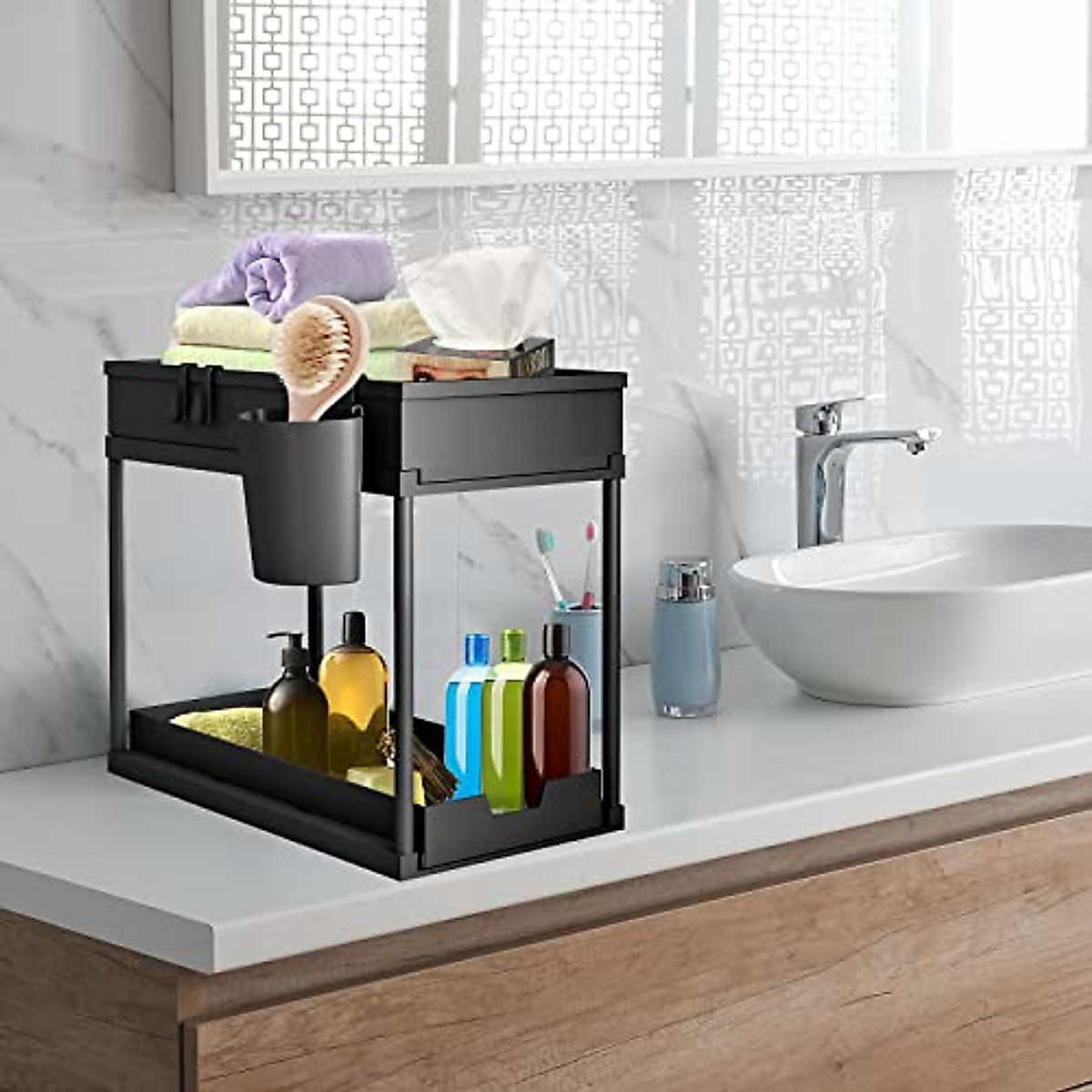 Under Sink Organizers and Storage,2 Tier Multipurpose Under the Sink Organizer, Sliding Kitchen Storage Pull Out Double Shelf Drawer for Bathroom Counter Cabinets, Undersink Hair Tool