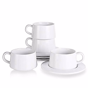 Kanwone Porcelain Stackable Cappuccino Cups with Saucers - 8 Ounce for Specialty Coffee Drinks, Cappuccino, Latte, Americano and Tea - Set of 4, White