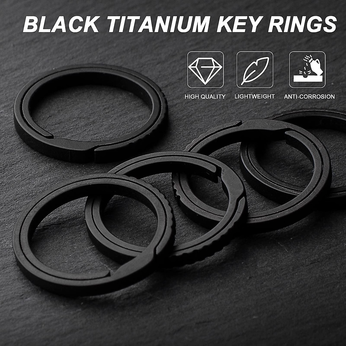 TISUR Titanium Keychain Rings, Split Side Pushing Heavy Duty Black Key Ring For Key Chain Carabiner Dog Tag (2PCS Black Large)
