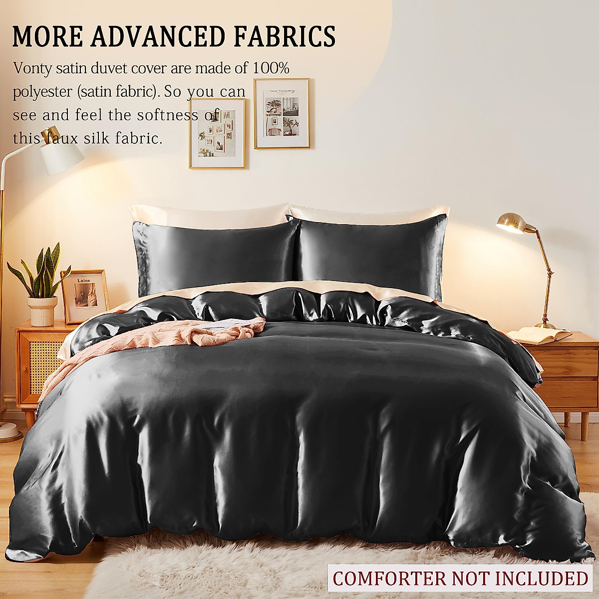 Vonty 3-Piece Silky Satin Duvet Cover Set King Size Comforter Cover, Organic Natural 400TC Black Duvet Cover Set - Luxury & Sexy Bedding Duvet Covers with Zipper Closure(No Comforter)