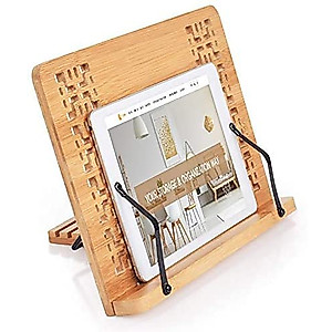 SUNFICON Large Cookbook Stand Holder Bamboo Book Stand Holder Home Office Reading Rest Textbook Recipe Music Document Tablet Display Stand Collapsible Adjustable Tray Family Friends Students Gift Idea