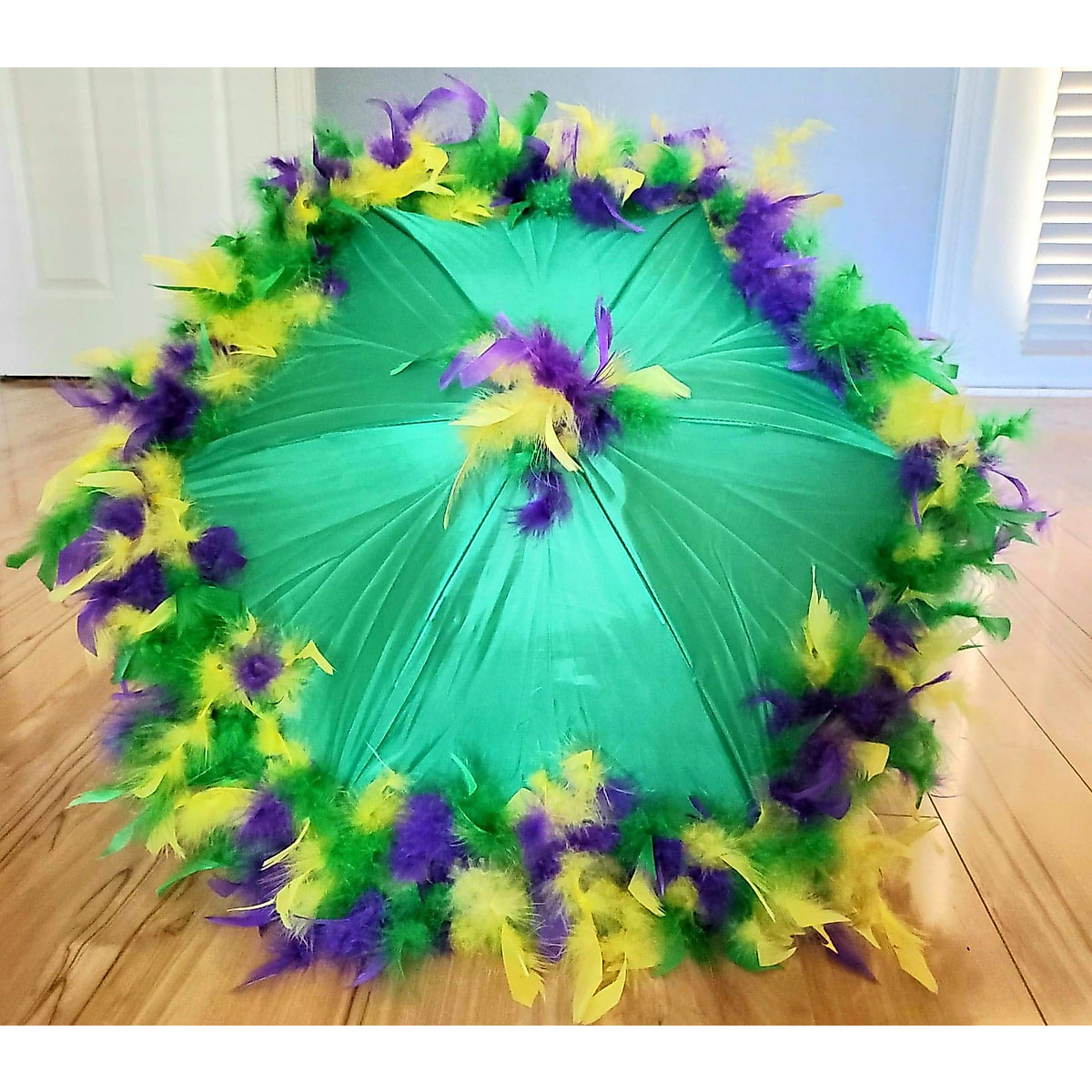 New Orleans Mardi Gras Green Second Line Parasol Umbrella with Purple, Green, Yellow Feather Accent