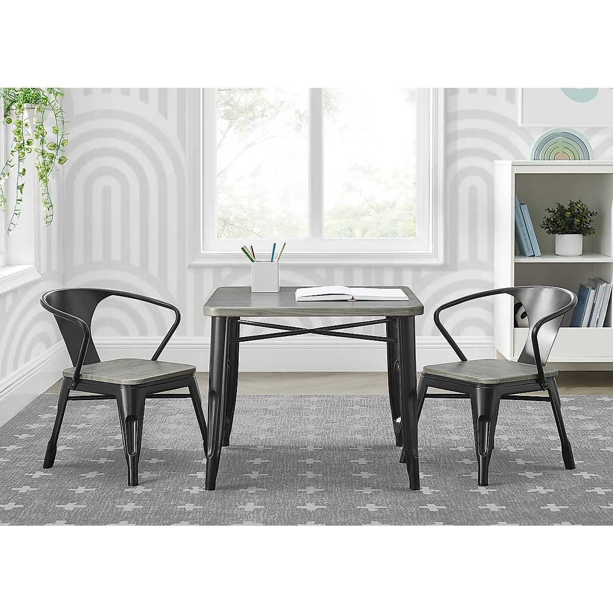 Delta Children Bistro Kids Play Table + Bistro 2-Piece Chair Set (Bundle), Black Metal/Grey Barnboard