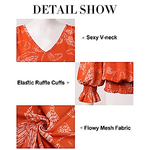 Bodhi talk Blouses for Women 2024 Elegant V Neck Lantern Long Sleeve Shirts Pleated Puff Sleeve Mesh Blouse Business Casual Outfits Cute Fall/Womens Print Dressy Tops Orange Floral Medium