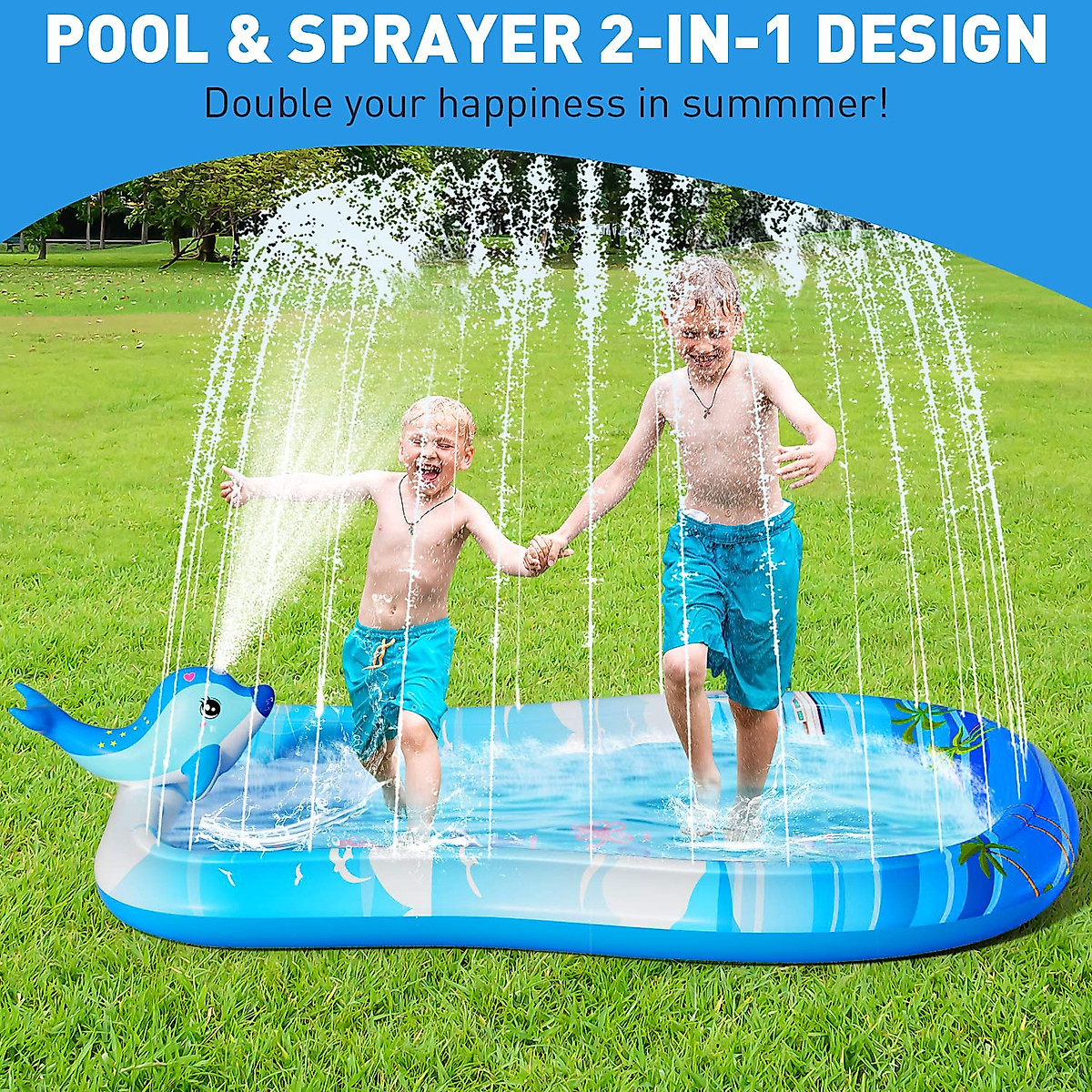 G-TING Splash Pad Sprinkler for Dogs Kids, 4 in 1 Dolphin Inflatable Sprinkler Kiddie Splash Pool for Kids, Summer Backyard Sprinkler Pad & Splash Play Mat Outdoor Water Toys for Toddlers 1-3 4-8