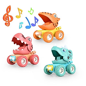 WedFeir Dinosaur Pull Back Cars Set of 3, Flashing Lights and Dino Roar Music Toys Dinosaur Toys for 3 Year Old Boy, Dinosaurs Pull Back Cars, Monster Trucks for Kids, Bithday Gifts for 3+ Years Old.