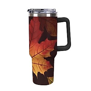 LLUTSNTH 40 Oz Vacuum Tumbler with Black Handle Leakproof Insulated Tumbler Fall Autumn Leaves Stainless Steel Travel Mug with Lid And Straw Coffee Cup Cute Water Bottles Cup Holder Friendly