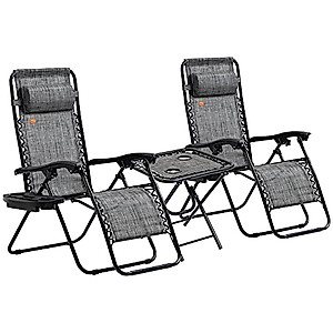 Outsunny Zero Gravity Chairs Set of 2 with Folding Table & Cup Holder Trays, Reclining Chaise Lounge Pool, Camping & Patio Chairs, Pillows, Gray
