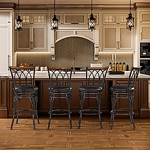 KATDANS Swivel Bar Stools Set of 2, 24-29 Inch Adjustable Seat Height Bar Stool with Back, Brown Leather Kitchen Island Stools for Pub, Bistro, Restaurant, Brown Seat-Black Metal Frame, KS902P